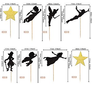 24 PCS Peter Pan Cupcake Toppers Glitter Star Do Not Grow Up Night Fairy Tales Neverland Elf Girl Cupcake Picks for Baby Shower Birthday Party Cake Decorations Supplies Gold Black