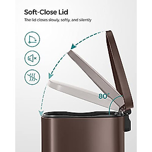 SONGMICS 13 Gallon Trash Can, Stainless Steel Kitchen Garbage Can, Recycling or Waste Bin, Soft Close, Step-On Pedal, Removable Inner Bucket, Brown ULTB50BR