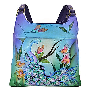 Anna by Anuschka Women’s Genuine Leather Hobo Bag | Hobo Handbag, Shoulder Bag | Great Organizer, Compact Size | Hand Painted Original Artwork (Midnight Peacock)