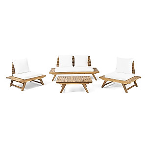 Great Deal Furniture Outdoor Acacia Wood 4 Seater Chat Set, Teak and White