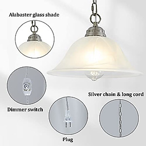 SHENGQINGTOP Plug in Pendant Light Alabaster Glass Shade Hanging Lamp with On/Off Switch,16.4Ft Cord & 14.7Ft Chain Dimmable Brushed Nickel Swag Light Fixture for Kitchen Sink Bar Nook Farmhouse