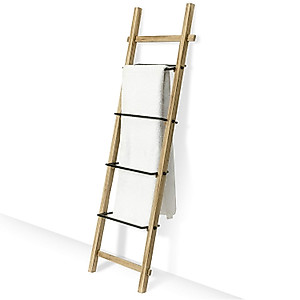 MyGift 6-Tier Blanket Ladder Wooden, 54 inch Blanket Quilt Holder Rack Decorative Ladder, Easy Assembly, Rustic Farmhouse Ladder Shelf for The Living Room Bedroom Bathroom Home Decor, Brown