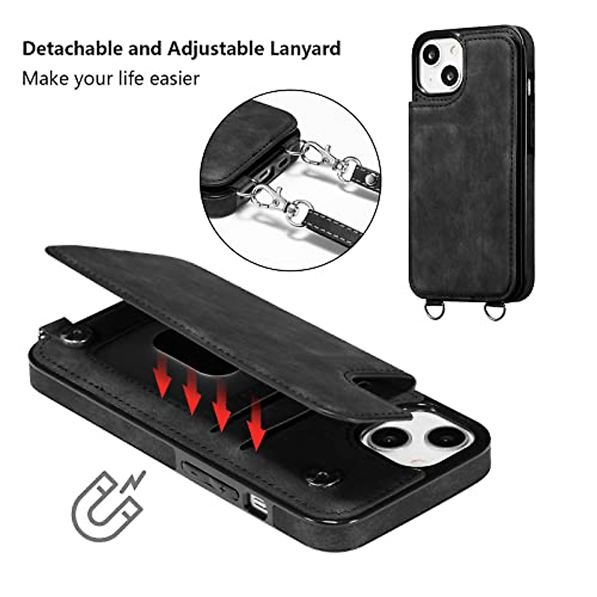 ZTOFERA Wallet Case for iPhone 13,iPhone 13 Case with Crossbody Adjustable Strap Lanyard,Leather Card Holder Shockproof Protective Cover with Stand for iPhone 13,6.1 inch-Black