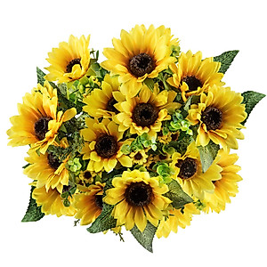MARTINE MALL Artificial Sunflower Bouquet 2 Bunches Silk Sunflowers with Stems Leaves Fake Yellow Sunflowers Bundles for Wedding Bridal Party Garden Home Hotel Decor