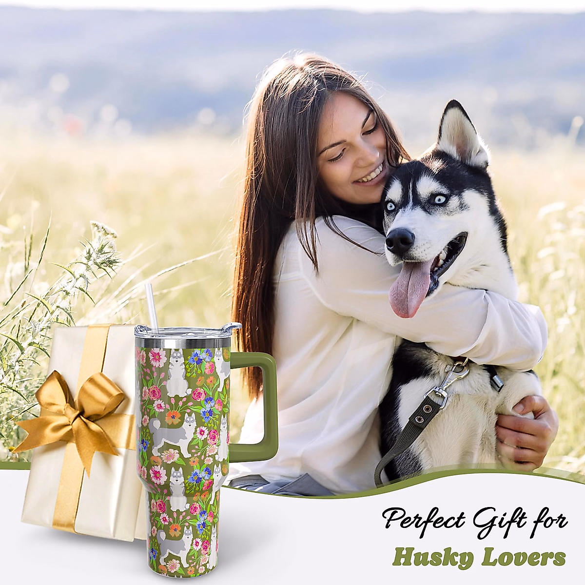puhnhsv 40 oz Husky Tumbler with Handle, Insulated Stainless Dog Tumbler Coffee Travel Mugs Cup Water Bottle Husky Lovers Gifts for Women Girls