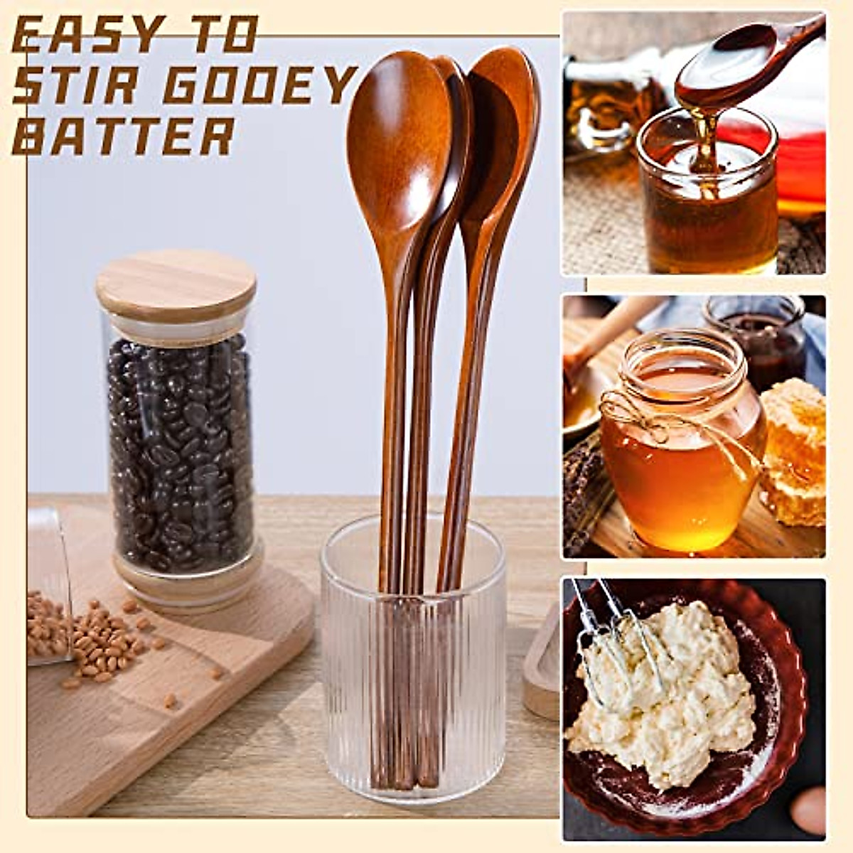 HANSGO Wooden Spoons for Eating, 6PCS 12 Inch Wood Soup Spoons Long Handle Spoons Table Spoon Serving Spoons with Japanese Style Utensil Set for Kitchen Cooking Mixing Stirring