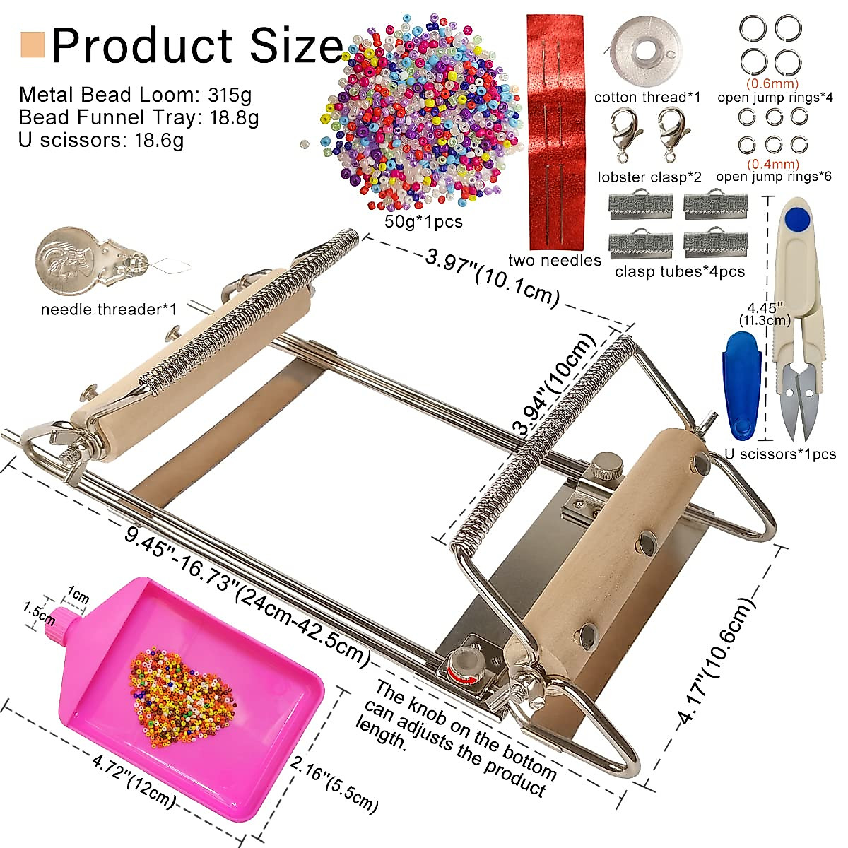 hobbyworker The Second Generation Adjustable Bead Loom Kit with Seed Beads,Large Eye Curved Beading Needle,Bead Funnel Tray,Lobster Clasp,Open Ring and Bead Mat for Jewelry Making kit