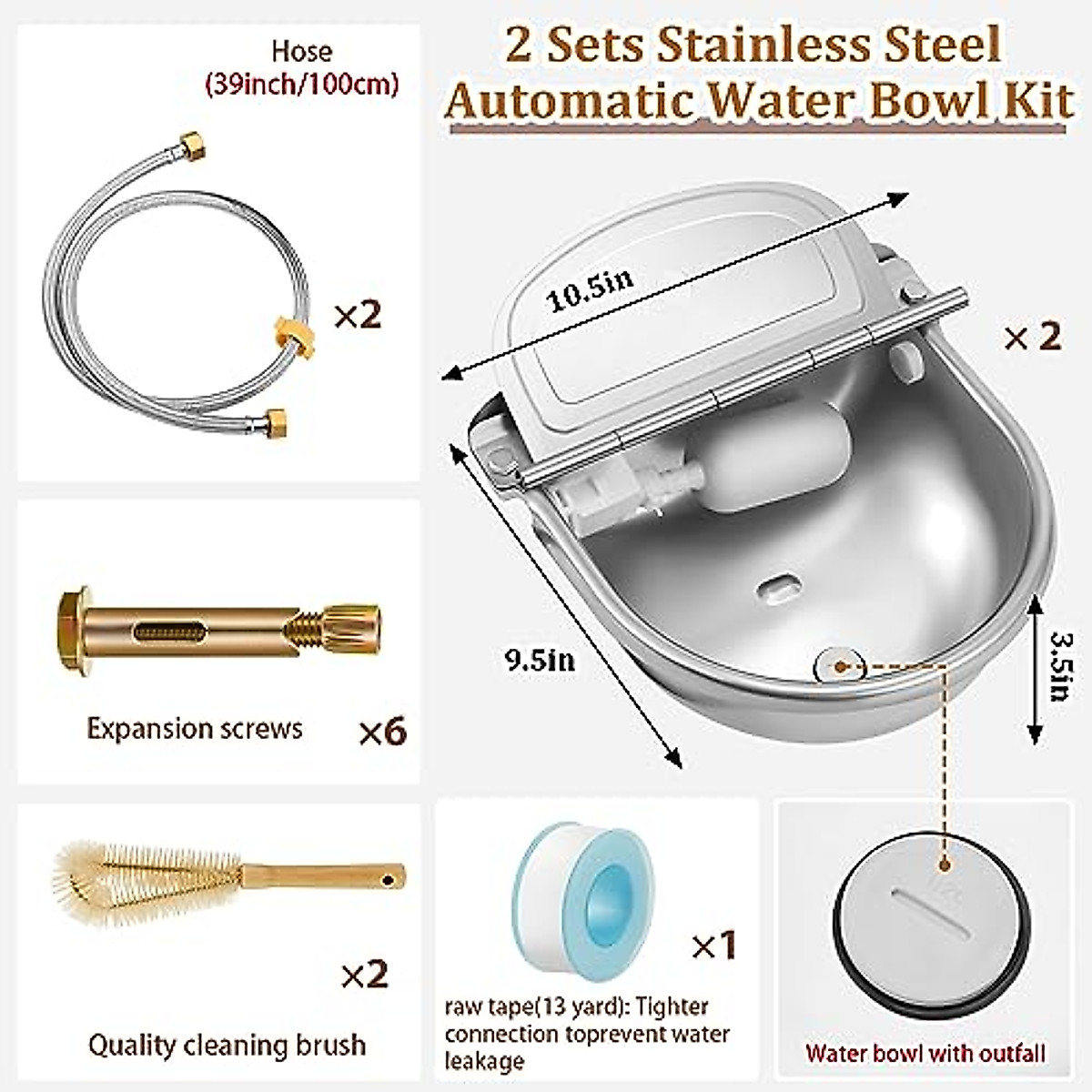 2 Sets Automatic Animal Drinking Water Trough Bowl with Float Valve Water Feeder Waterer Kit Livestock for Dog Horse with Pipe Connector Countersunk Bolt (Normal Style,Stainless Steel)