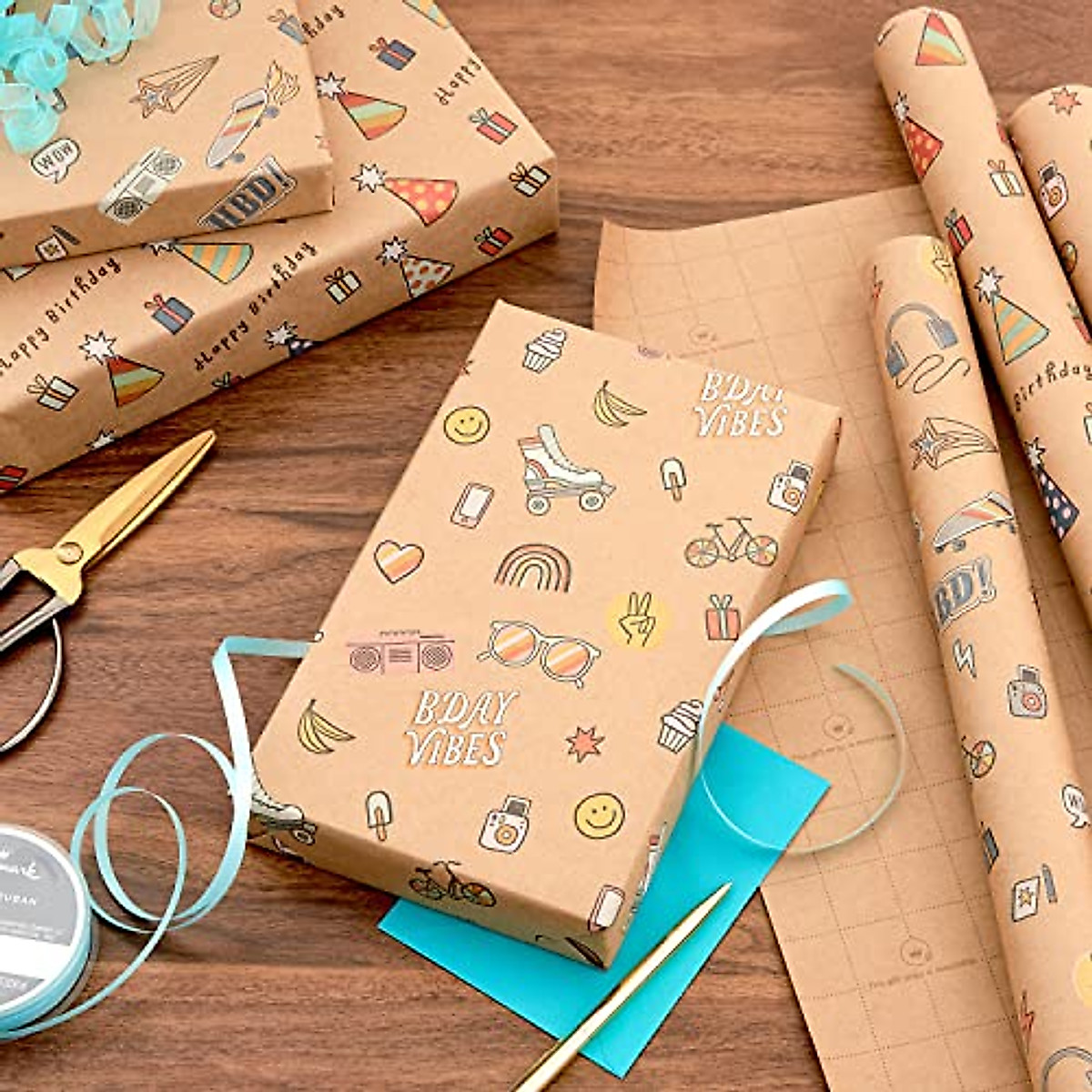 Hallmark Recyclable Wrapping Paper with Cutlines on Reverse (3 Rolls: 60 sq. ft. ttl) Kids Birthday, Retro Icons, Roller Skates, Skateboard