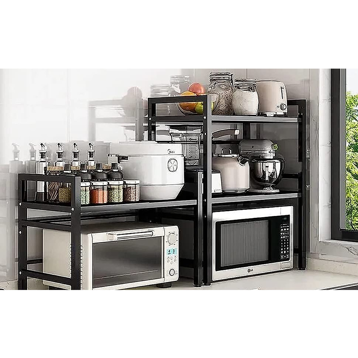 SIMCAS Extendable Microwave Oven Rack, 2-Tier Microwave Stand/Toaster Shelf Heavy Duty Kitchen Countertop Organizer Shelf, 160lbs Weight Capacity, Easy Installation Carbon Steel Upgraded Bearing,Black