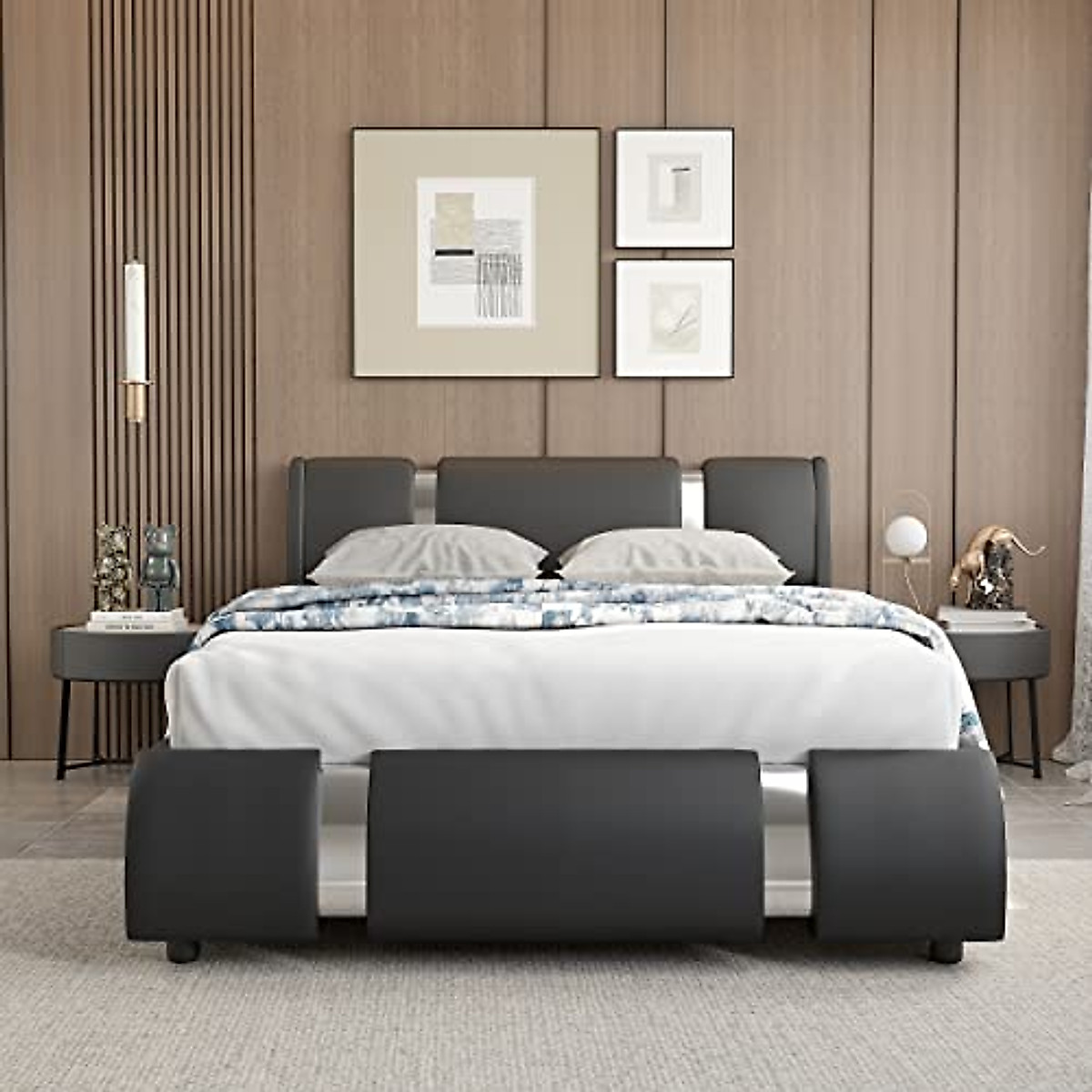 Modern Full Size LED Bed Frame, Upholstered Platform Bed Frame with Adjustable Headboard, Wooden Slats Support, No Box Spring Needed, Black