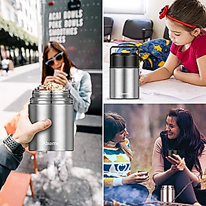 Soup Thermos Food Jar Insulated Lunch Container Bento Box for Cold Hot Food 27oz Food Flask Wide Mouth Stainless Steel Vacuum Lunch Box for Kids Adult with Spoon Flexible Handle Leak Proof – Silver