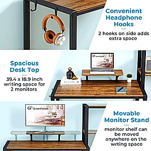 GreenForest Computer Desk 59 inch with Storage Printer Shelf Reversible Home Office Desk with Movable Monitor Stand and 2 Headphone Hooks for Study Writing PC Gaming Working, Walnut
