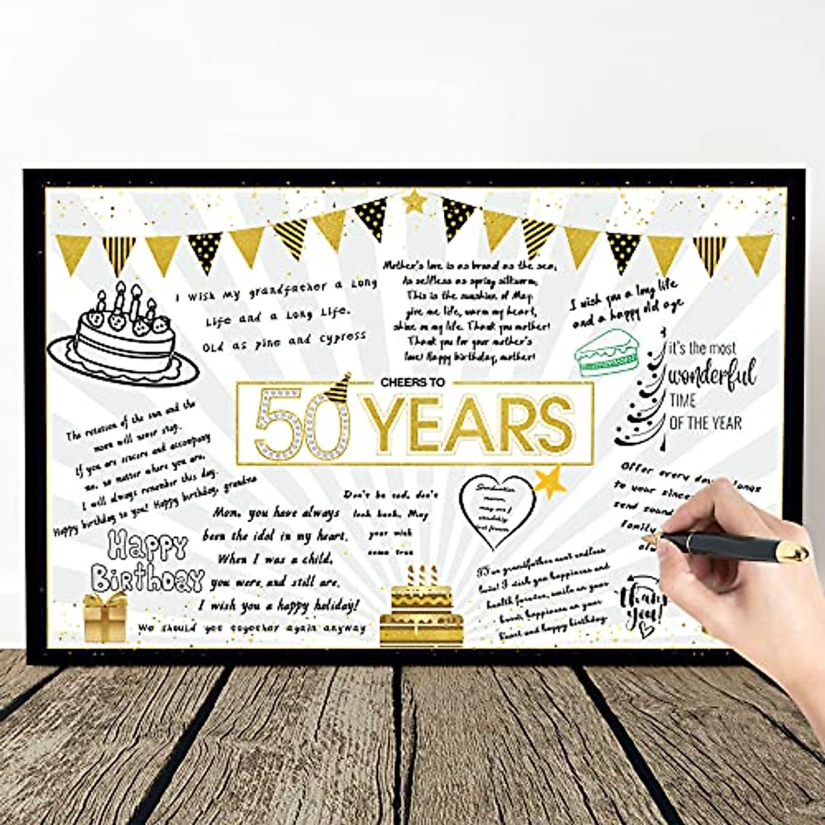 Birthday Card decoration Happy Birthday Jumbo Message Greeting Cards Black and Gold Balloons Stars Birthday Party Decoration Card Guest Book Alternative Sign Poster for men women (50th Birthday)
