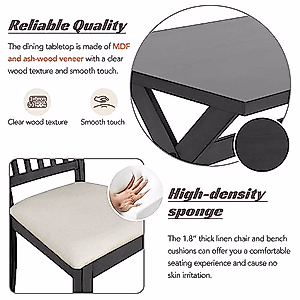 HAUSHECK Rectangular Table with X-Frame Legs, Upholstered Bench & Chair with Hollowed Backrests, Padded Cushion, Modern Rustic Style Home Furniture, Kitchen & Dining Room Sets for 6, Gray