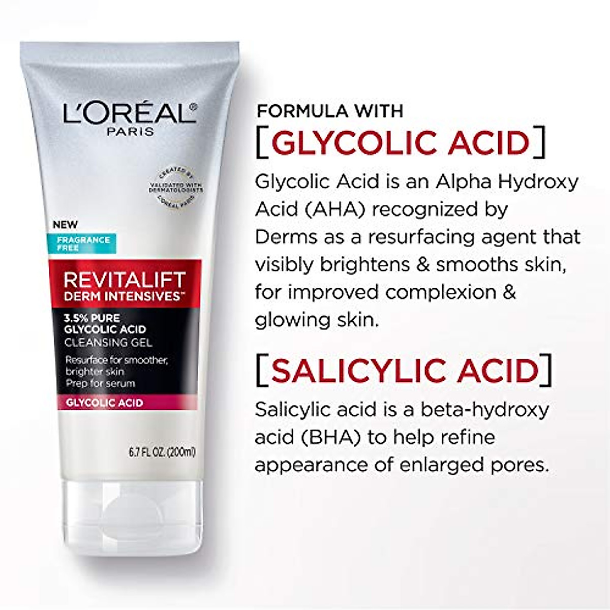 L'Oreal Paris Revitalift 3.5% Pure Glycolic Acid Cleansing Gel wth Salicylic Acid, Resurface for Smoother Brighter Skin, 6.7 fl oz