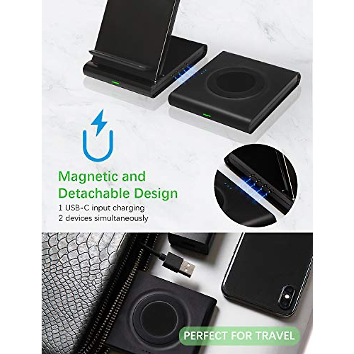 Wireless Charger, Fast Wireless Charging Stand, 2-in-1 Wireless Charging Station Dock for iPhone 14/13/12/11/Pro/Max/X/Xs/XR/AirPods2, Samsung Galaxy Note/Watch/Buds