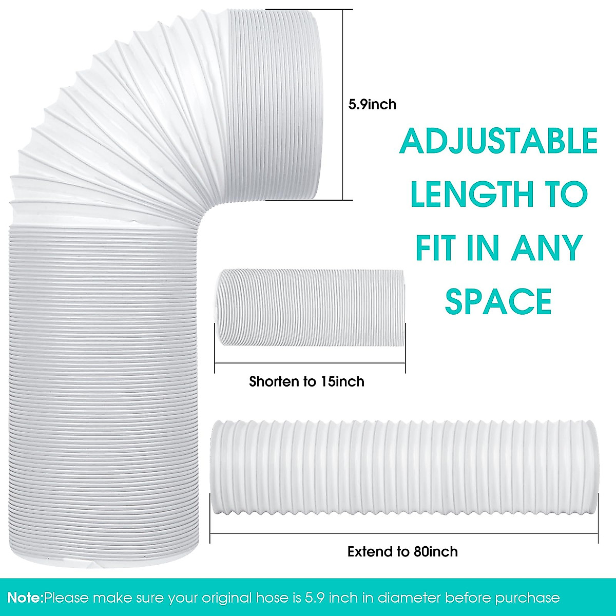 Airwhirl 5.9 Inch Air Conditioner Exhaust Hose, AC Hose with Anti-Clockwise Thread, Length up to 80", Universal Replacement AC Vent Hose Compatible with Many Portable AC