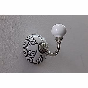 PARIJAT HANDICRAFT Hand Painted Black and White Leaf Beautiful Colored deign Floral Ceramic Wall Hook Hanger Key Holder hat Clothes hangings Bath Towel Hook Hanger