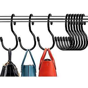 Purse Hanger for Closet 10 Pack, Metal S Hook Hooks for Hanging Purses, Handbags, Backpacks, Belts, Scraves, Hats, Clothes - Black S Hook, Hook for Pots and Pans