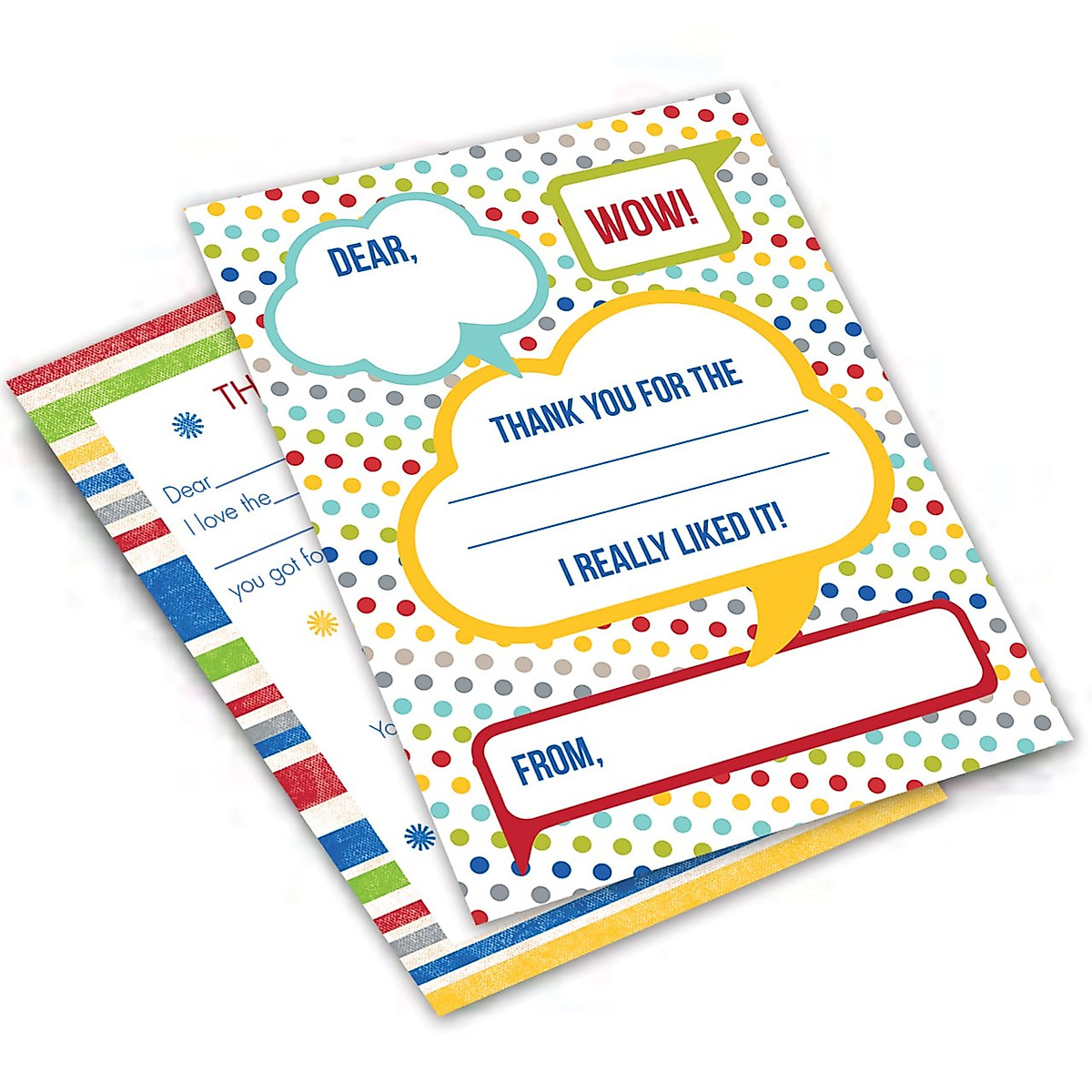 Dots and Stripes Kids Thank You Note Card Pack / 20 Fill In Childrens Colorful Thanks Cards With White Envelopes / 4 5/8" x 6 1/4" Kid Birthday Party Thank You