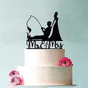 YzYbuaego Black Fishing Wedding Cake Topper, Mr & Mrs Wedding Cake Topper, Fishing Theme Wedding/Engagement/Bridal Shower/Anniversary Cake Decoration