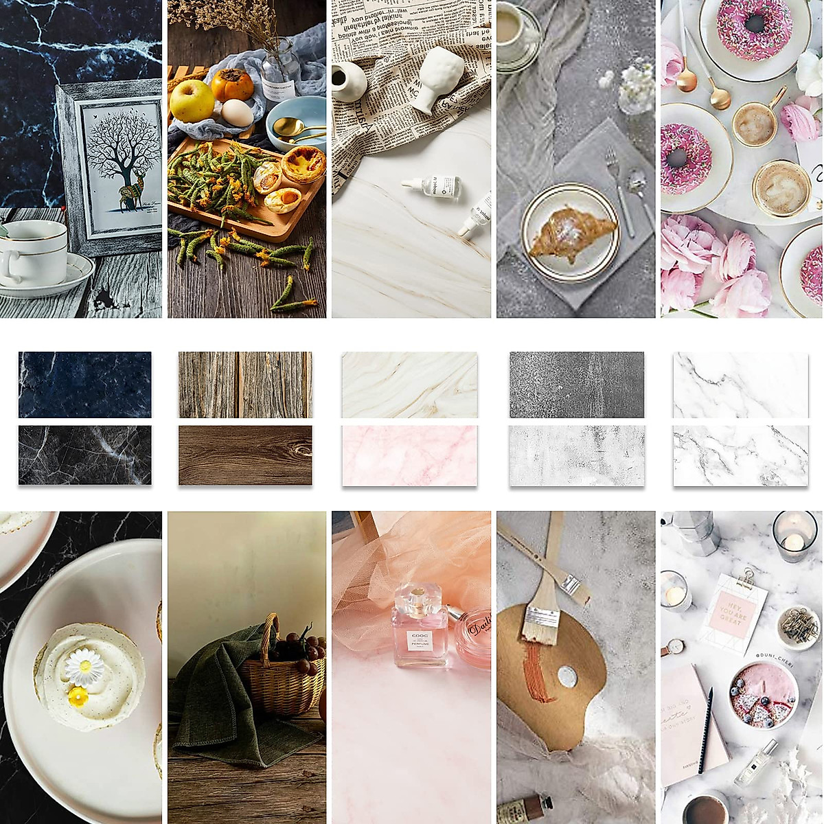 5PCS 10Patterns Food Photography Background Paper, 22x34Inch Double-Sided Photo Tabletop Backdrops Props Marble Wooden, EOAJAFOU