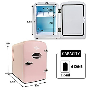 Koolatron 4L Retro Portable Mini Fridge w/ 12V DC and 110V AC Cords, 6 Can Personal Cooler for Snacks, Beverages, Skincare, Beauty Serum, Face Mask, Desktop Accessory for Home Office Dorm Travel, Pink