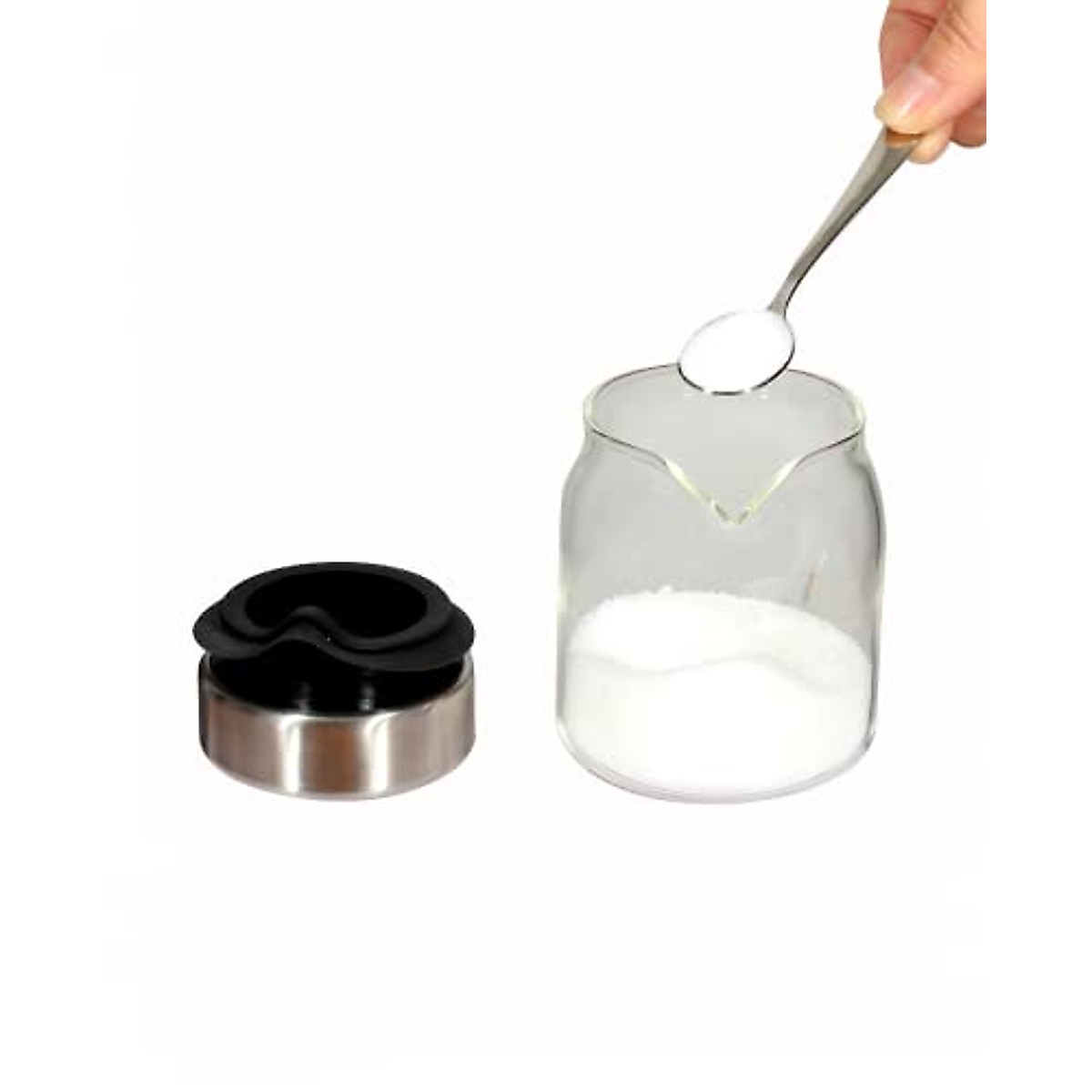 J&M DESIGN Sugar Bowl With Lid And Spoon Creamer & Dispenser Bowls Set For Kitchen Countertop Coffee Bar Accessories Containers Glass Milk Carton 7oz Holder Sugar Container Jar Stainless Steel Lid