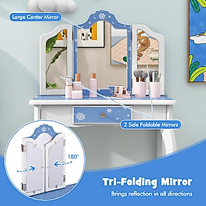 Olakids Kids Vanity Set, 2 in 1 Wooden Princess Makeup Table and Chair Set with Detachable Tri-Folding Mirror Storage Drawer, Snowflake Themed Girls Pretend Beauty Dressing Play Toy Gift (Blue)