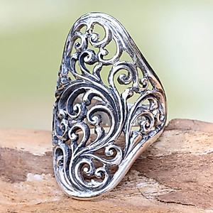 NOVICA Artisan Handmade Sterling Silver Cocktail Ring Crafted from Indonesia No Stone Bohemian [ring Front 1.3 in L x 0.8 in W x 0.1 in H Band Width 4 mm W] ' Sukawati Fern'