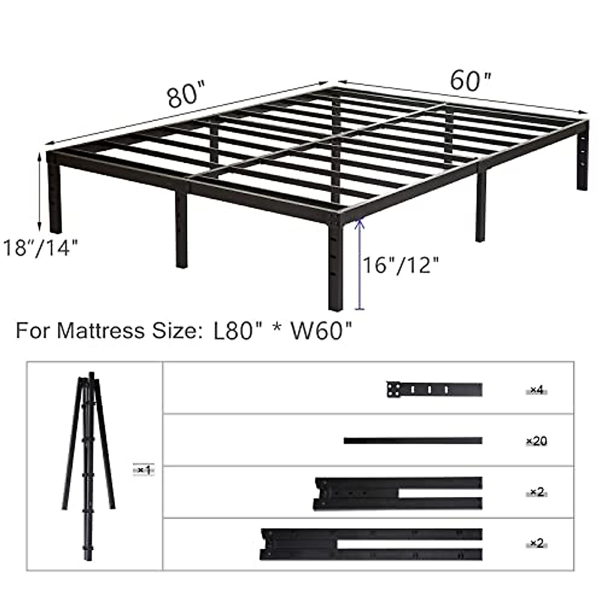 Wulanos Queen Size Bed Frame, 3500lbs Heavy Duty Metal Platform with Steel Slats Support, Sturdy and Durable Noise-Free, 14 Inches High Bedframes with Ample Storage, No Box Spring Needed, Black