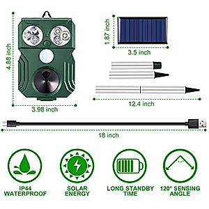 3 Pack Ultrasonic Solar Animal Repeller Outdoor Coyote Deer Repellent Devices for Garden, Deterrent with Motion Sensor, Strobe Light, Cat Deer Skunk Rat Repellent