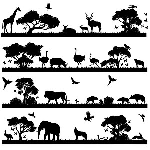 Black Jungle Animals Wall Decals Woodland Wild Animal Wall Stickers Removable Forest Animals Elephant Lion Birds Giraffe Trees Wall Decor for Kids Room Bedroom Living Room Nursery Classroom