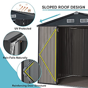 Verano Garden 8’x6’ Outdoor Storage Shed, Galvanized Metal Steel Shed,Double Door W/Lock, Garden Storage for Backyard, Patio, Lawn (96.65"x63.39"x77.17)