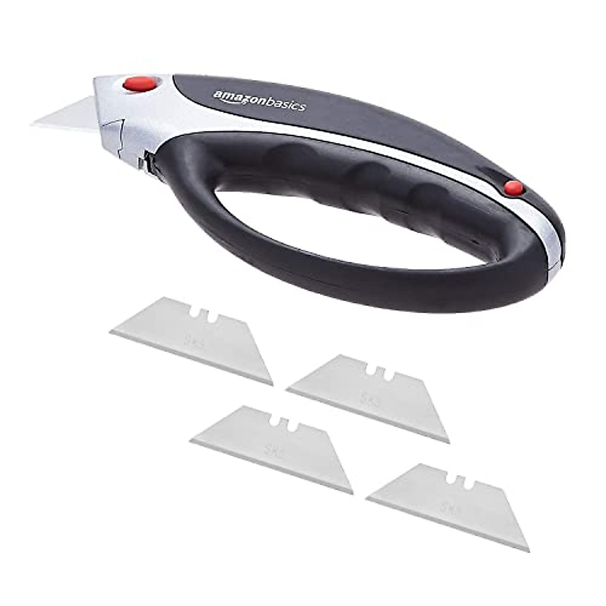 Amazon Basics Heavy Duty Retractable Utility Knife with 3-Position Locking, Ergonomic Comfort Grip Handle, 5 Replacement Blades