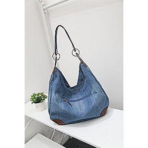 Dreams Mall(TM Women's Handbag Denim Purse Hobo Tote Top Handle Jean Shoulder Crossbody Bags,Light Blue