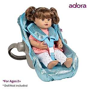 Adora Glam Sparkly & Glittery Aqua Car Seat Carrier, Baby Doll Car Seat That Fits up to 20" Dolls and Stuffed Animals, Birthday Gift for Ages 2+ - Blue Glitter