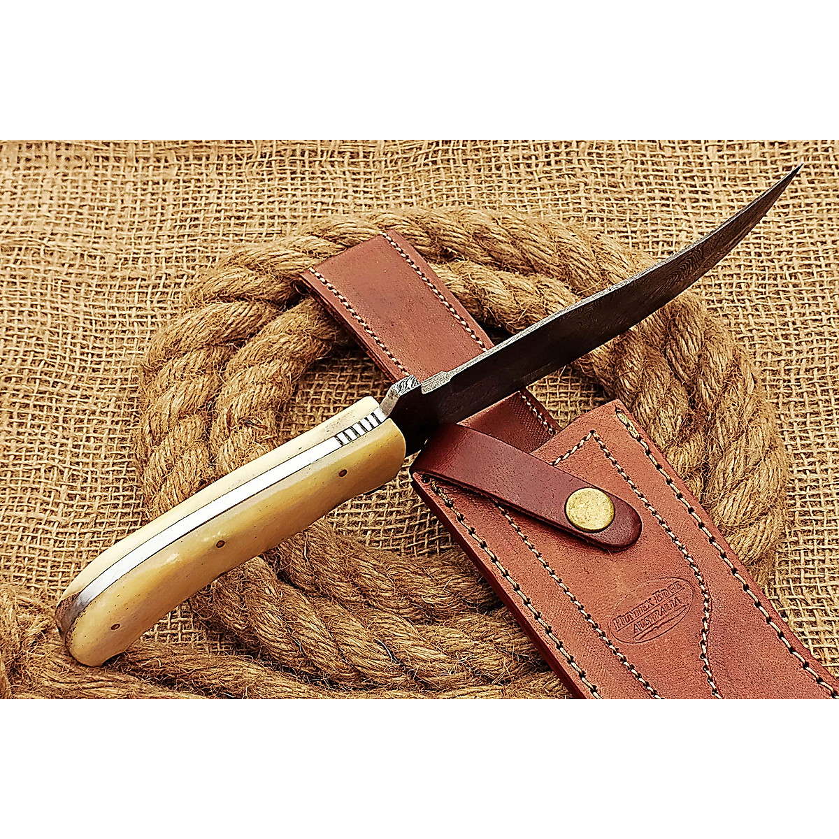 HUNTEX Handmade Hand-Forged Twist Pattern Damascus Steel 11 Inch Long Full Tang Camel Bone Handle Razor Sharp Hunting Camping Trail Knife w/Genuine Leather Sheath