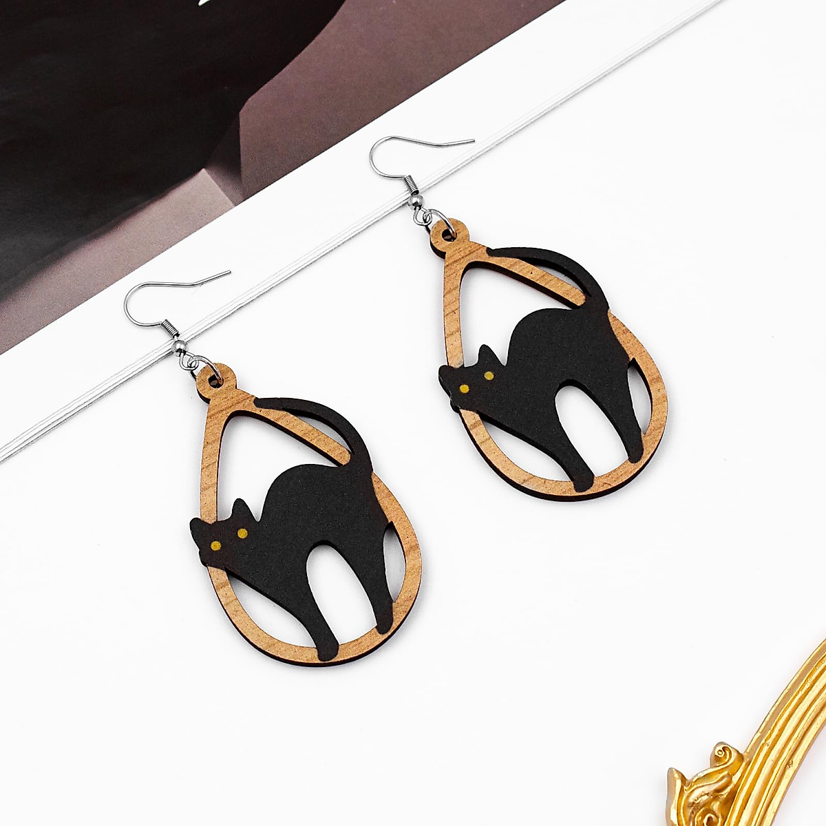 Yomlry Halloween Earrings for Women Pumpkin Black Cat Halloween Jewelry Ghost Bat Spooky Dangle Earrings for Halloween Eve Party Accessories Double-sided Holiday Wood Earrings Set Jewelry Gift black cat