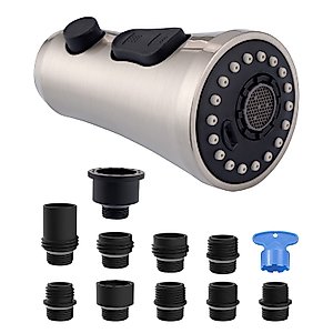 Hibbent Pull Down Kitchen Faucet Head Replacement, 3-Function Kitchen Sink Spray Nozzle with 10 Adapters, Compatible with Moen, American Standard, Delta, Kohler Faucets, Brushed Nickel