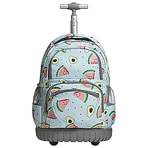 SKYMOVE 18 inches Wheeled Rolling Backpack Multi-Compartment College Books Laptop Bag Business Trip Carry-on for Boys and Girls, Dark Light Blue Fruits