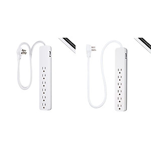 GE 6-Outlet Surge Protector, 3 Ft Extension Cord, Power Strip, 840 Joules, Flat Plug, UL Listed, White, 62688 & GE Pro 6-Outlet Surge Protector, 2 Ft Extension Cord, Flat Plug, White, 40532