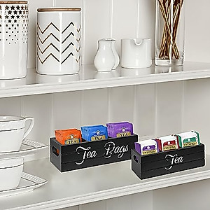 Tea Bag Organizer Set of 2, Wooden Tea Box with Handle, Tea Bag Holder for Tea Storage, Coffee Bar Accessories and Organizer, Tea Caddy Chests Container for Counter Cabinet, Sugar Packet Holder(Black)