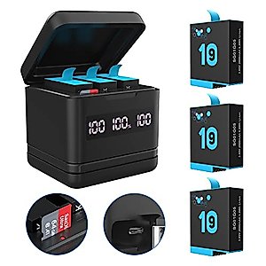 3 Pack 2000mAh Batteries for GoPro Hero 10 Hero 9, 3-Channel Fast Battery Charger Station with Battery Digital LCD Display and Micro SD Card Reader Function