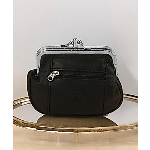 Women's Leather Metal Frame Double Clasp Zipper Coin Purse 5 1/4" x 3 1/4" (Black)