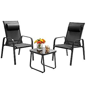 Giantex 3 Pieces Patio Bistro Set, Patio Dining Set for 2, Stackable Patio Chairs with Adjustable Backrest Headrest, Tempered Glass Coffee Table, Outdoor Porch Yard Garden Furniture (Black)