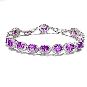Hermosa Elegant Oval Gemstone Silver Bangle Bracelet with 1-Inch Extender Chain | Adjustable 7-8 Inches | Hypoallergenic Jewelry Gift for Women(Amethyst)