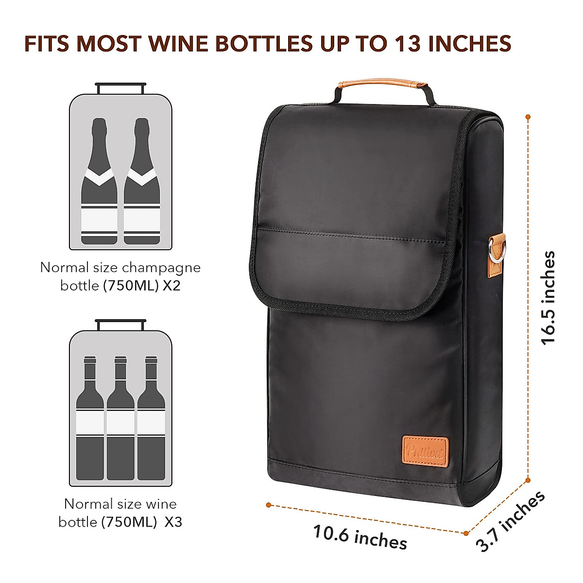 Philiva 3 Bottle Wine Tote Bag with Wine Tumblers and Wine Opener, Wine Gifts for Women, Portable Wine Carrier Purse with Shoulder Strap for Travel/Picnic/Beach/Pool/Events/Hiking, Black