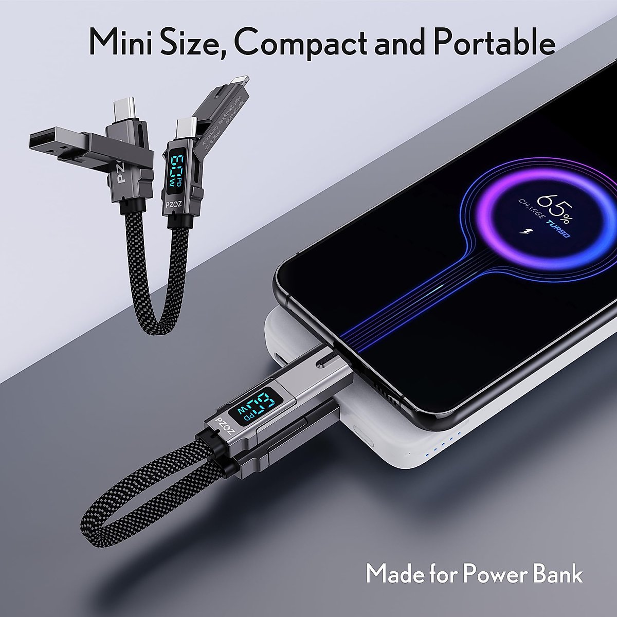 pzoz Multi Charging Cable Keychain Charger Cable with LED Display, 4-in-1 Multi USB C Fast Charging Combo Lightning/Type C/USB A/USBC for iPhone iPad MacBook AirPods Samsung Google (60W, 7.3 inchs)